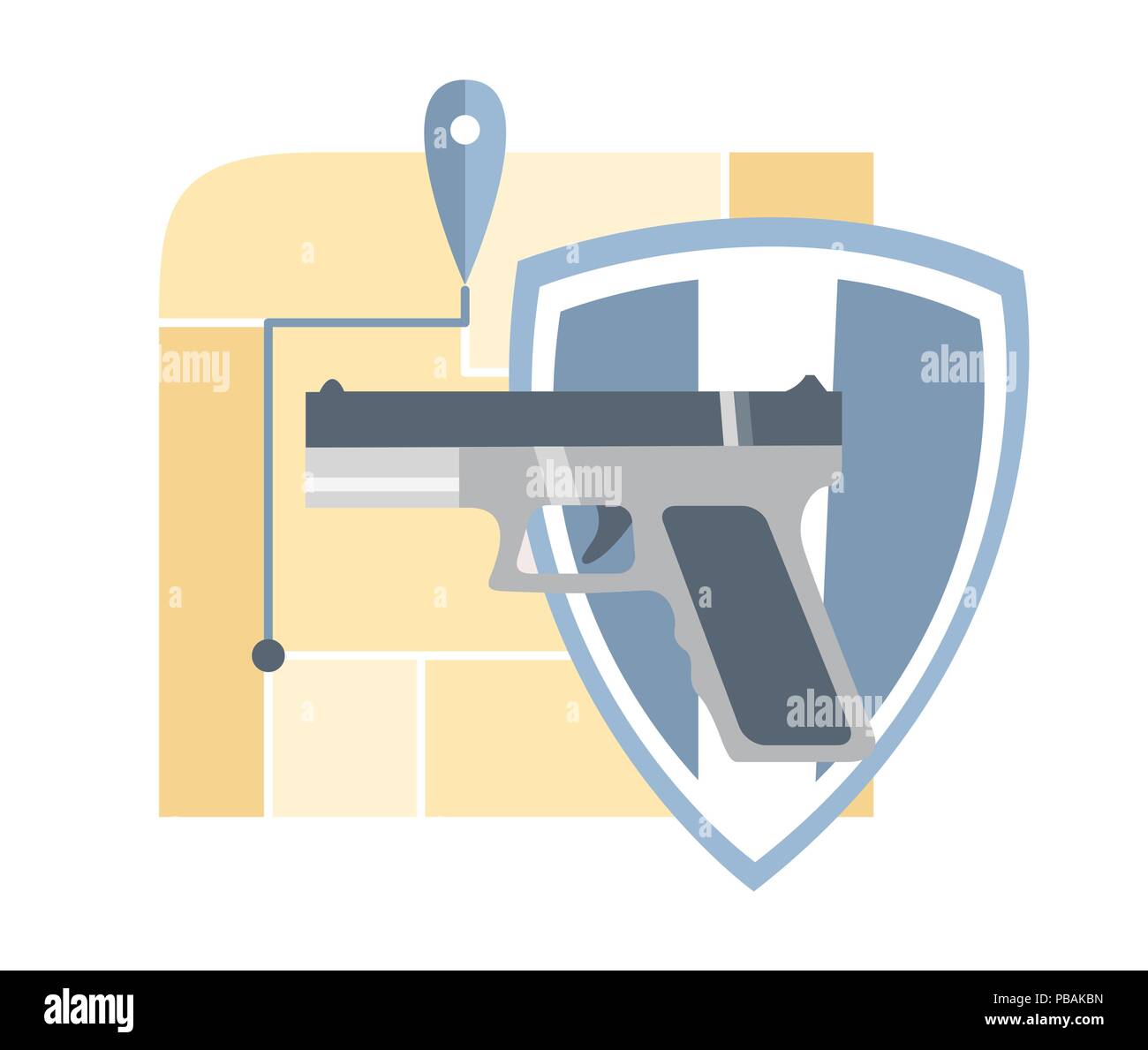 Police duty icon, pistol with shield and map, flat style vector ...