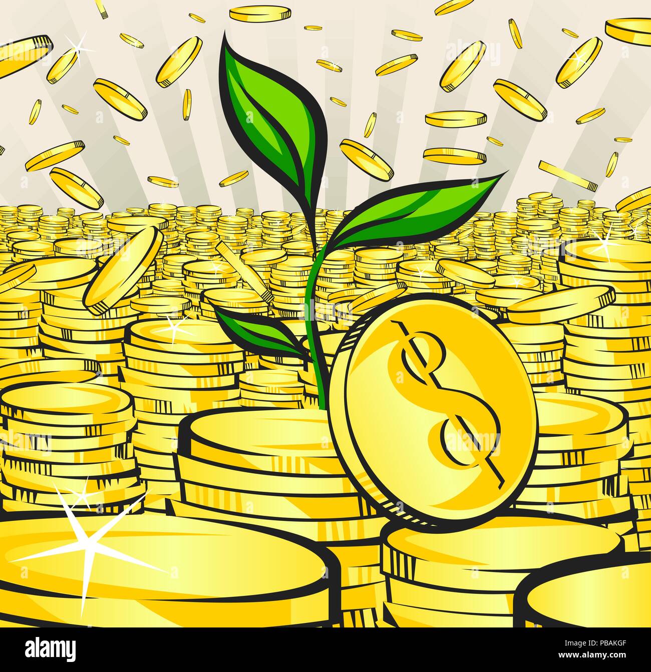 Money growth concept, sprout grows from golden coins, vector ...