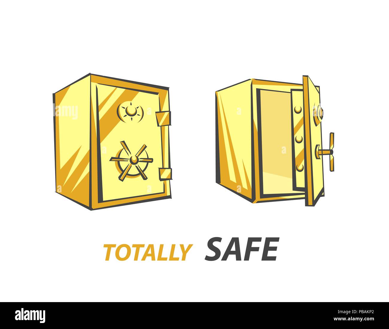 Gold bank safe, opened and closed, vector illustration in cartoon style ...