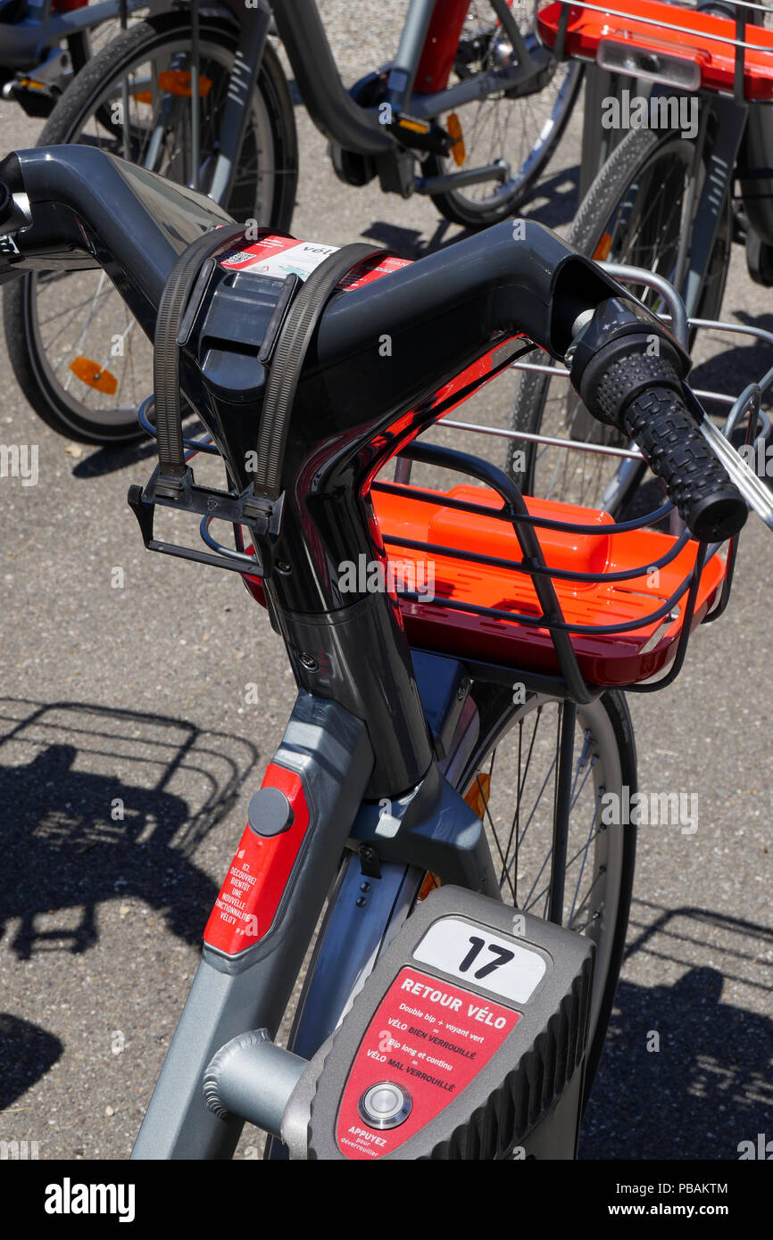 Lyon, France, July 27, 2018: A view shows the brand new Velo'v, as seen ...