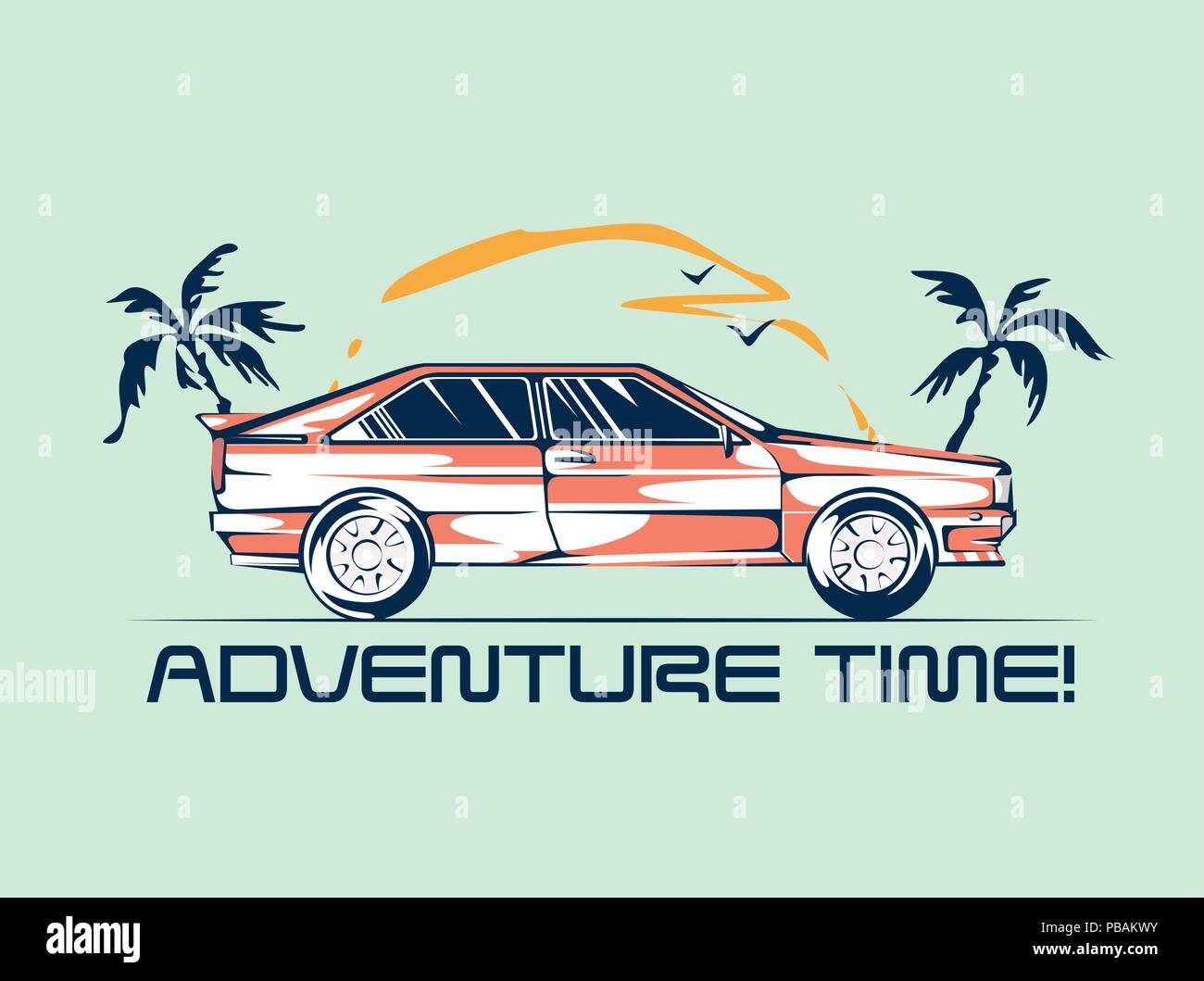 Adventure time poster with retro vehicle, palms and sunrise vector ...