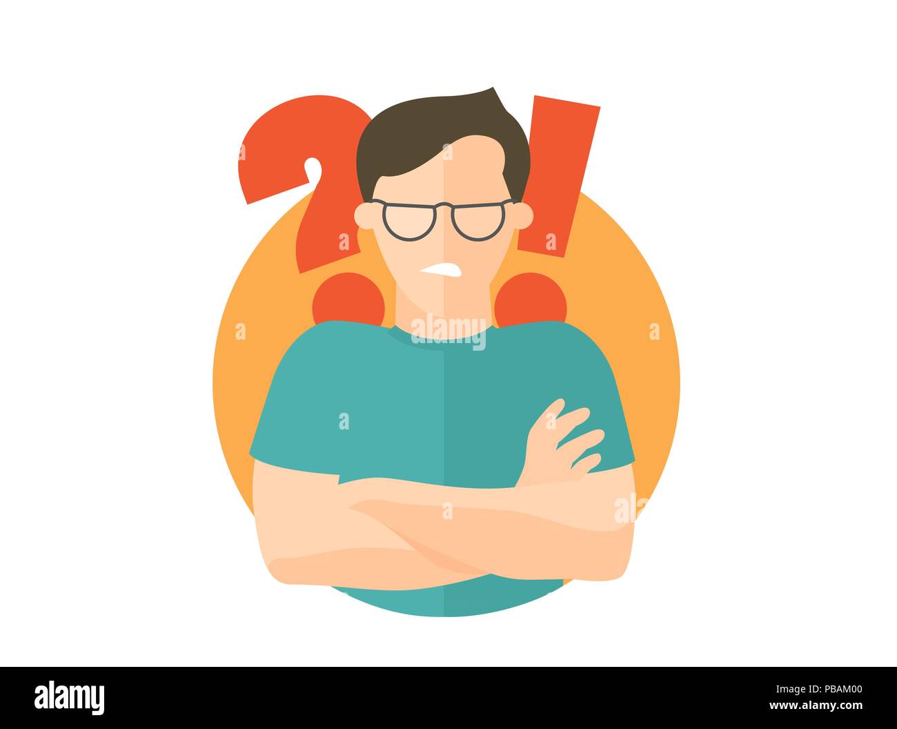 Handsome man in glasses angry doubts, offended. Flat design icon. Boy ...