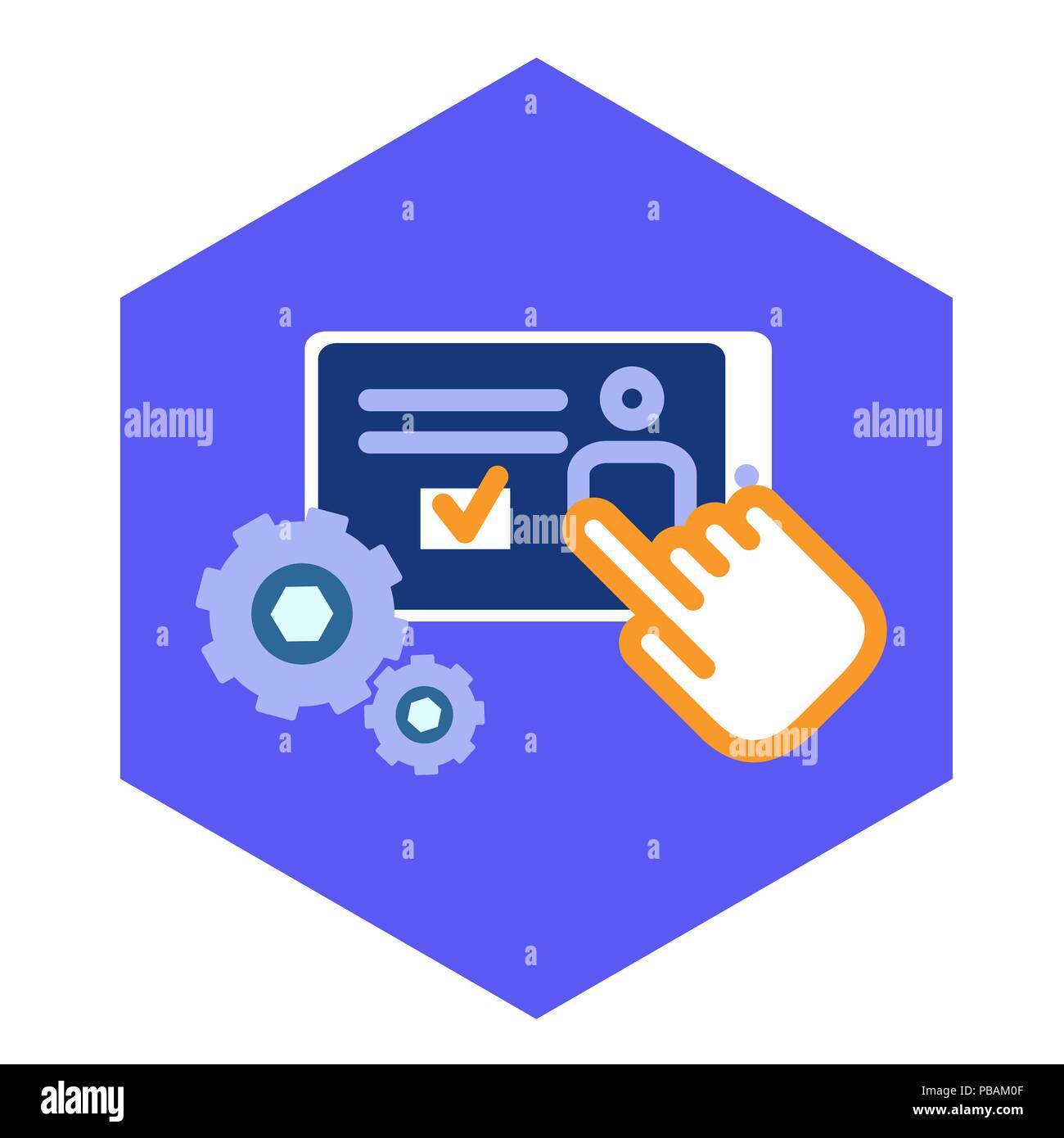 Settings, simple application setting icon. Tablet pc, hand and gears ...