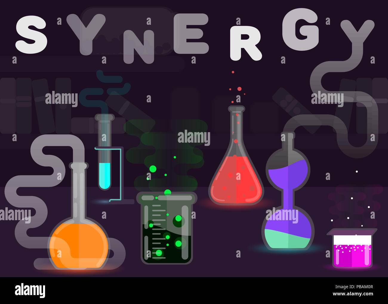 Synergy as a chemical reaction concept illustration. Flat style vector ...