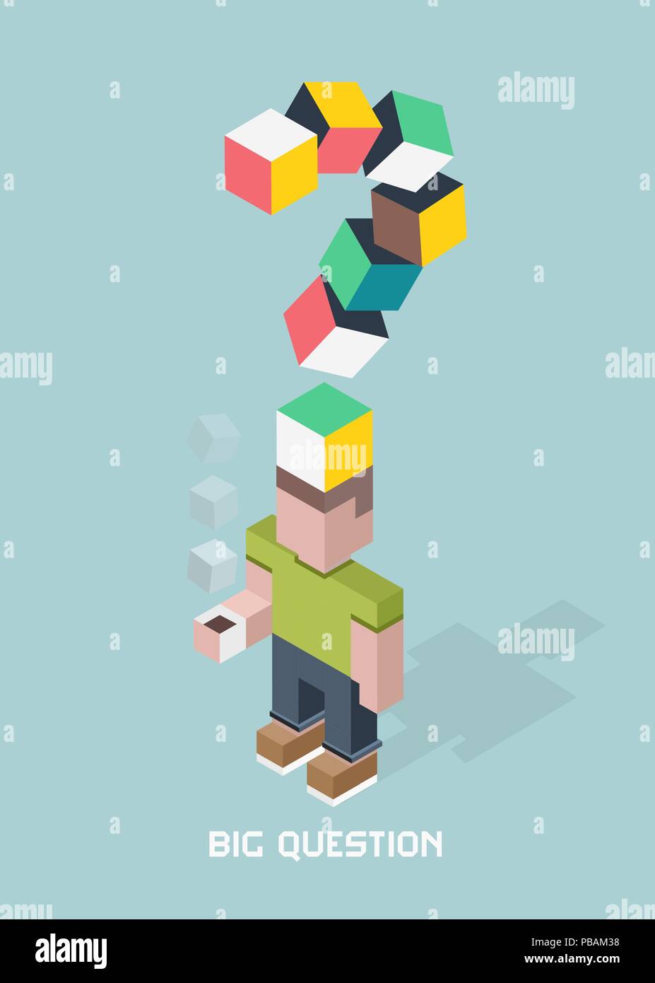 Man with big question doubts, giant question mark, cubes composition ...