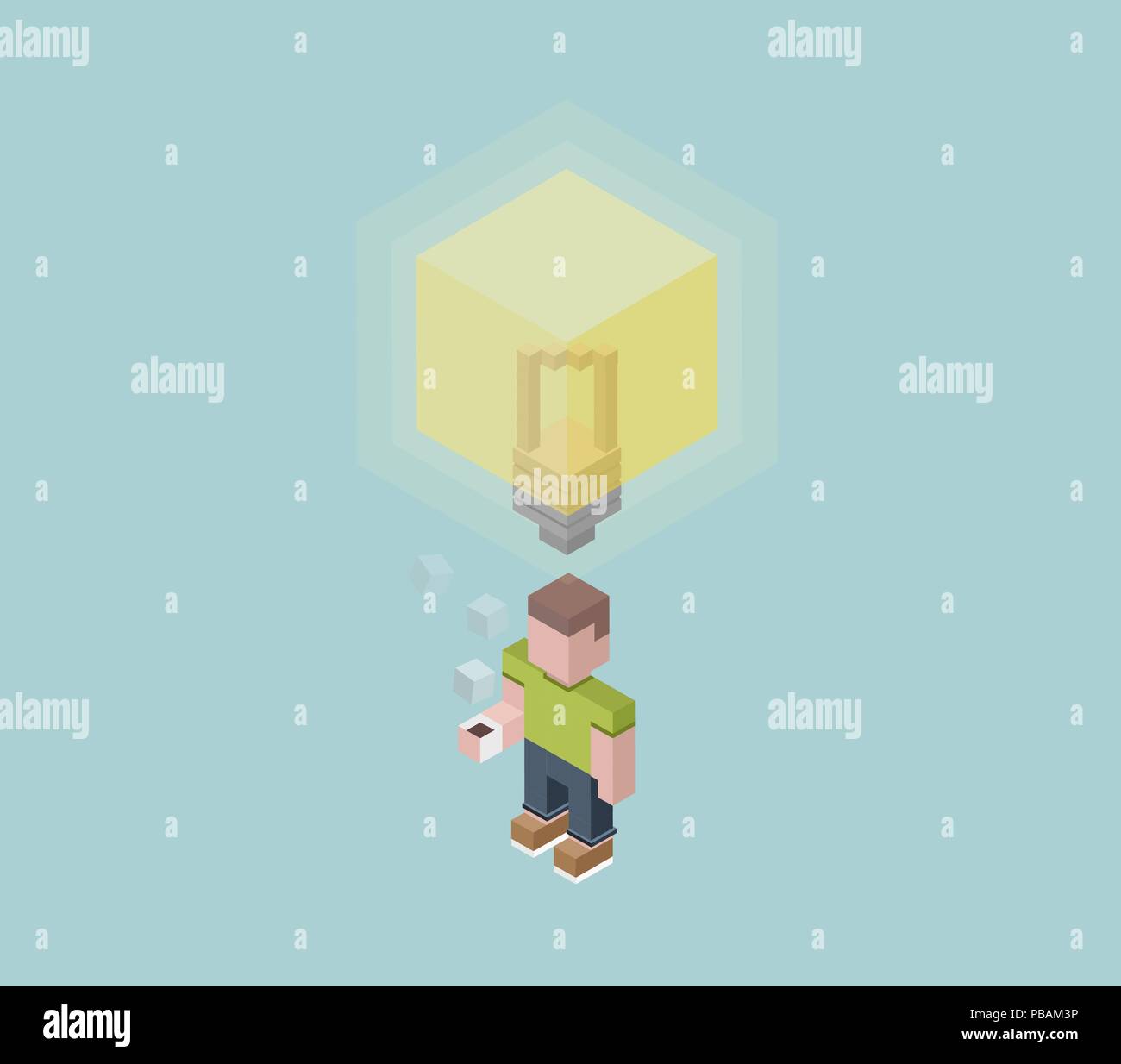 Man with big idea bulb overhead, giant electric lightbulb, cubes composition isometric vector ...