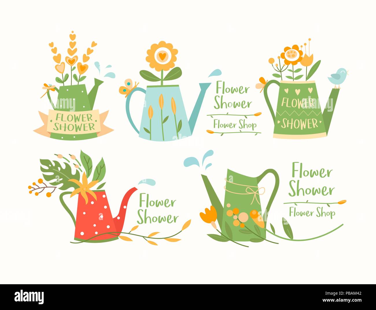 Watering cans, pots set, flower shop logotypes vector templates, logo ...