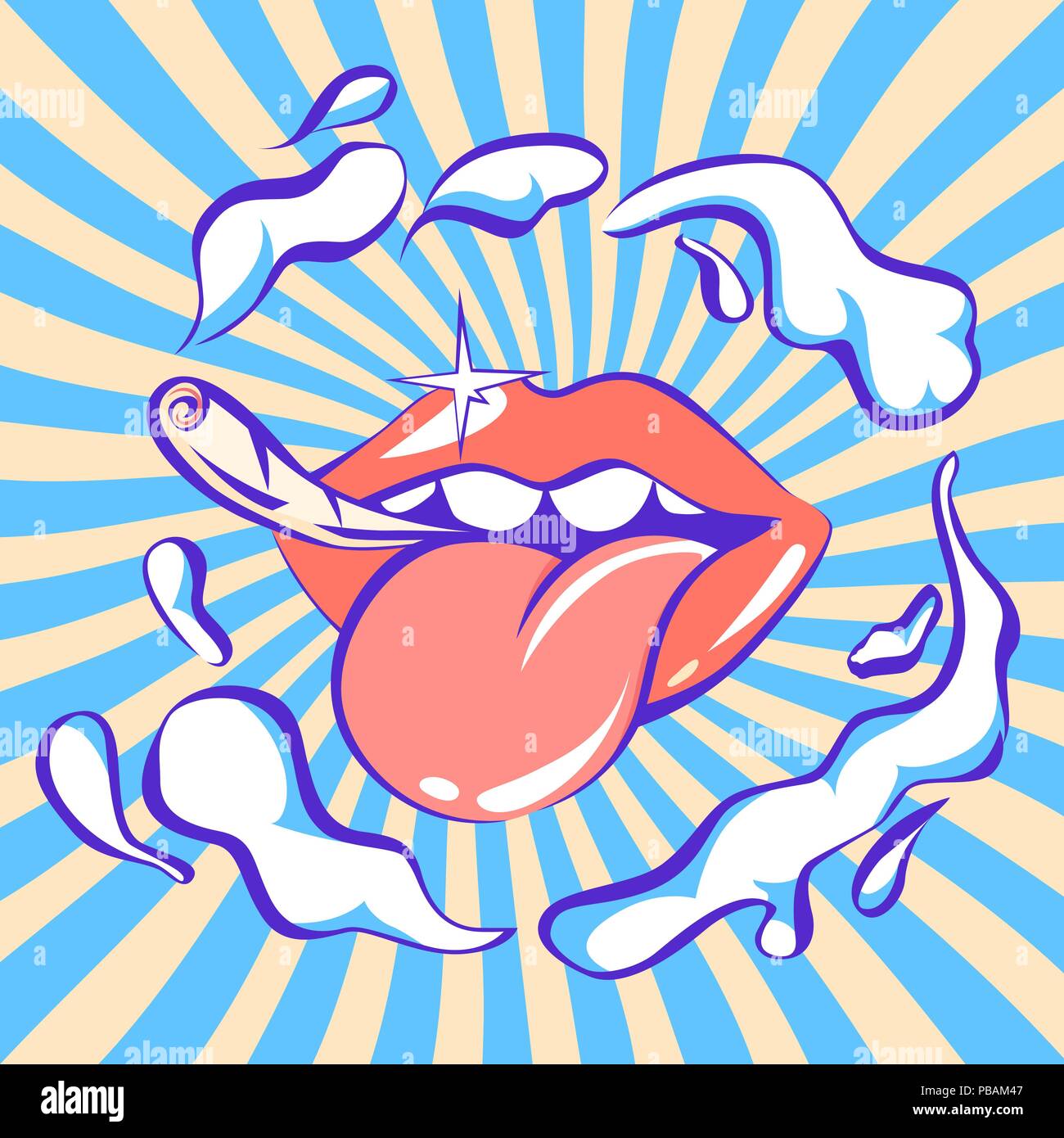 Pop art retro lips with marijuana joint and clouds of smoke, vector ...