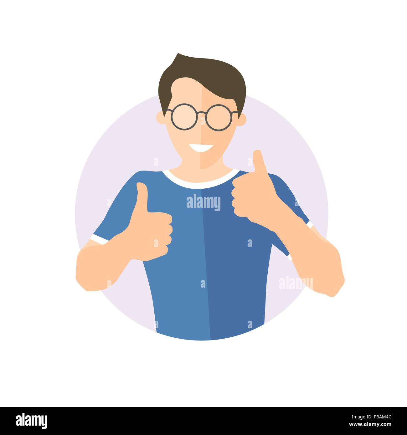 Glad, joyful, cheerful handsome boy in glasses. Flat design icon of ...