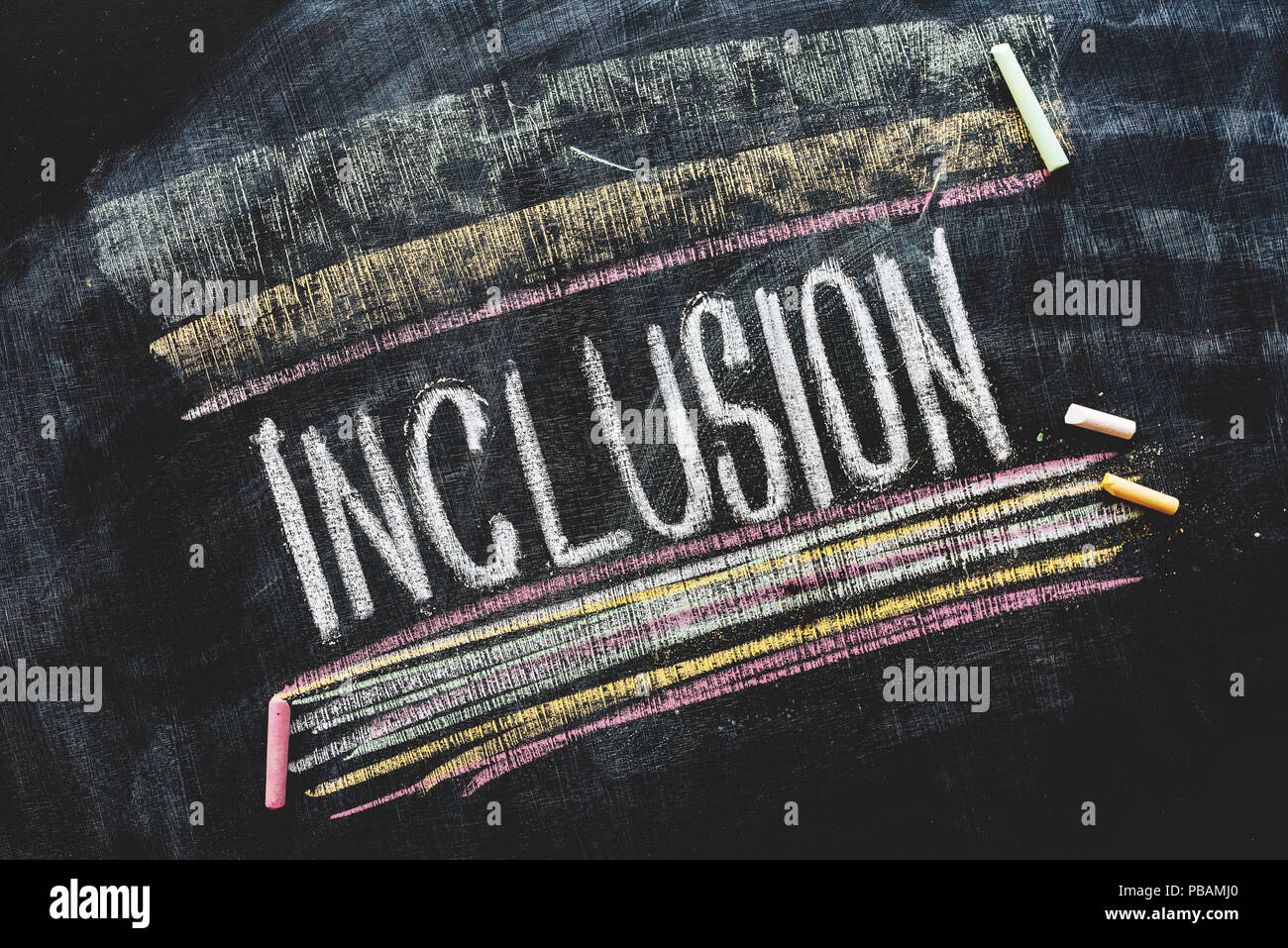 Word Inclusion on school blackboard written with chalk Stock Photo - Alamy