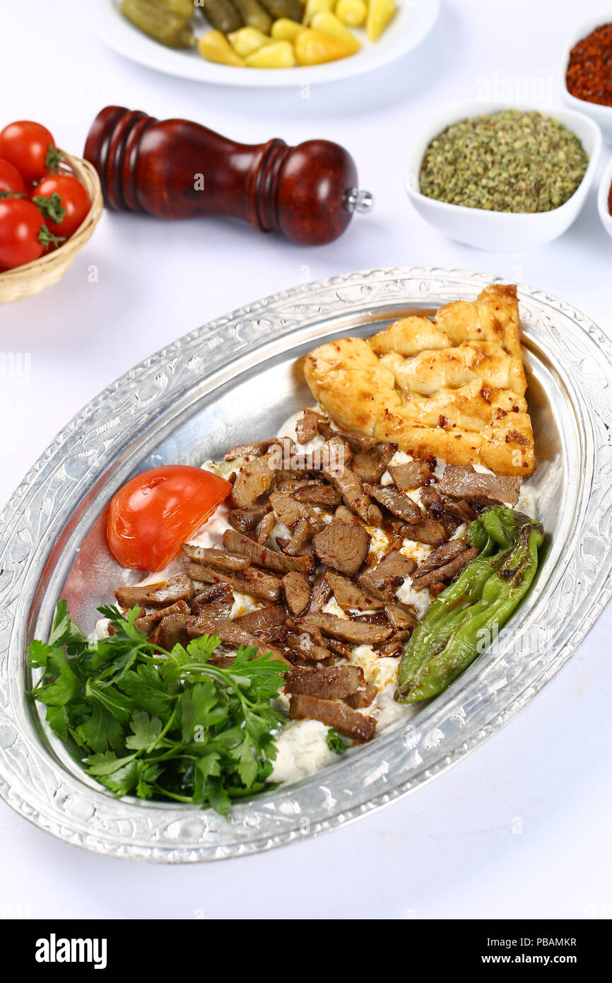 Turkish Meat Kebab served in an anatolian plate Stock Photo - Alamy