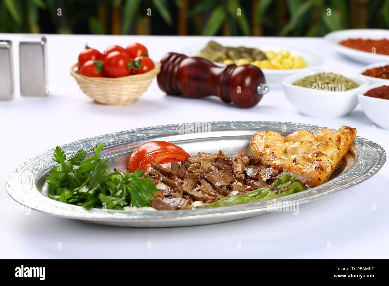 Turkish Meat Kebab served in an anatolian plate Stock Photo - Alamy