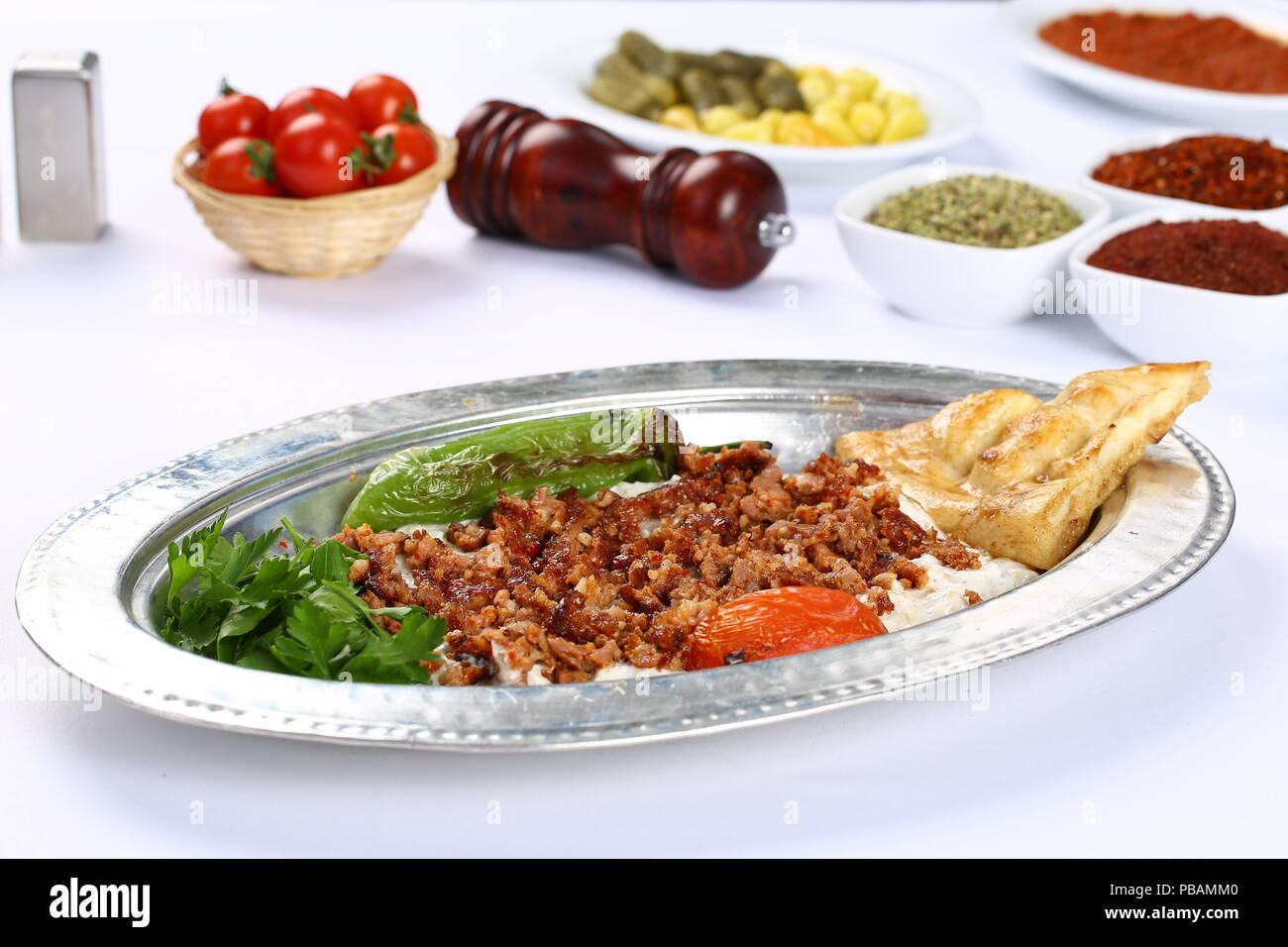 Turkish Meat Kebab served in an anatolian plate Stock Photo - Alamy