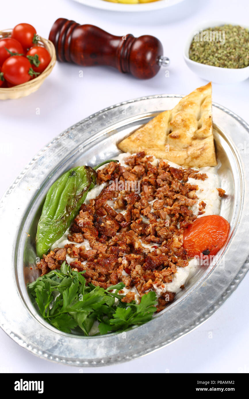 Turkish Meat Kebab served in an anatolian plate Stock Photo - Alamy