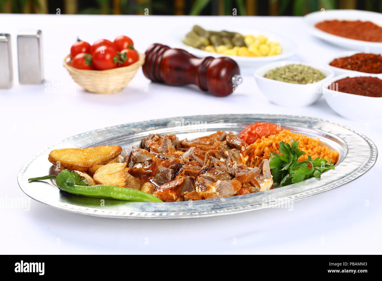 Turkish Meat Kebab served in an anatolian plate Stock Photo - Alamy