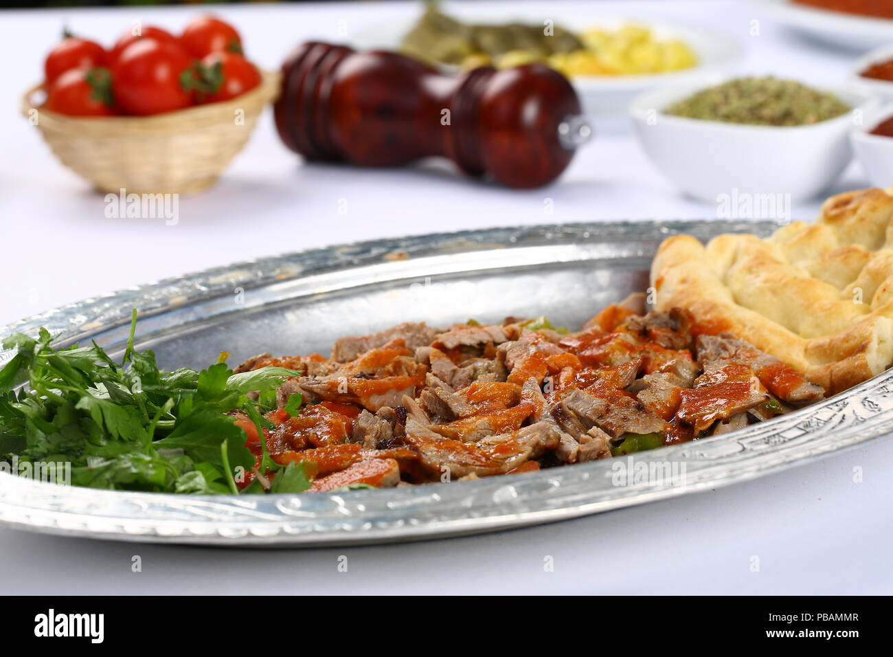 Turkish Meat Kebab served in an anatolian plate Stock Photo - Alamy