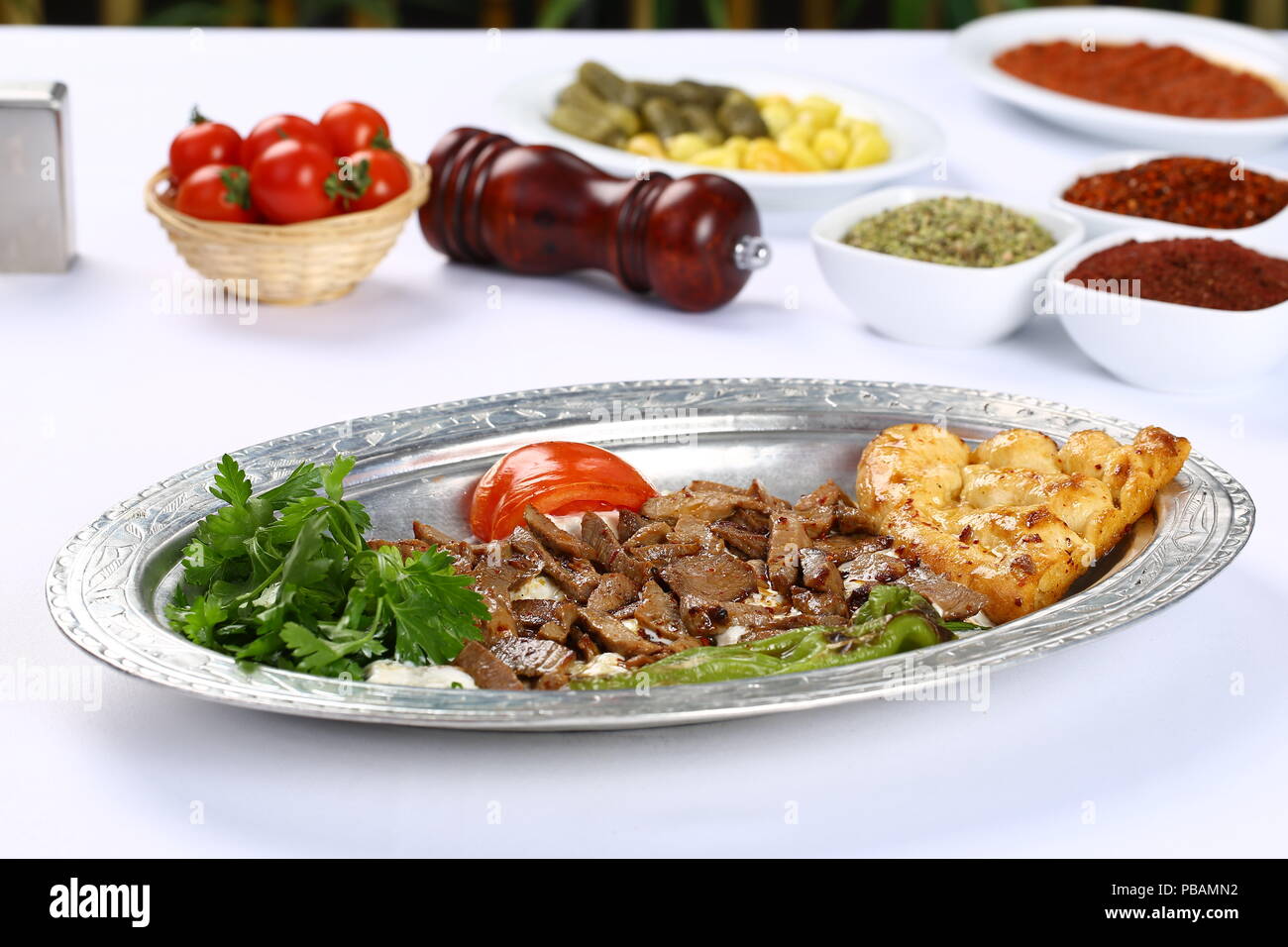 Turkish Meat Kebab served in an anatolian plate Stock Photo - Alamy