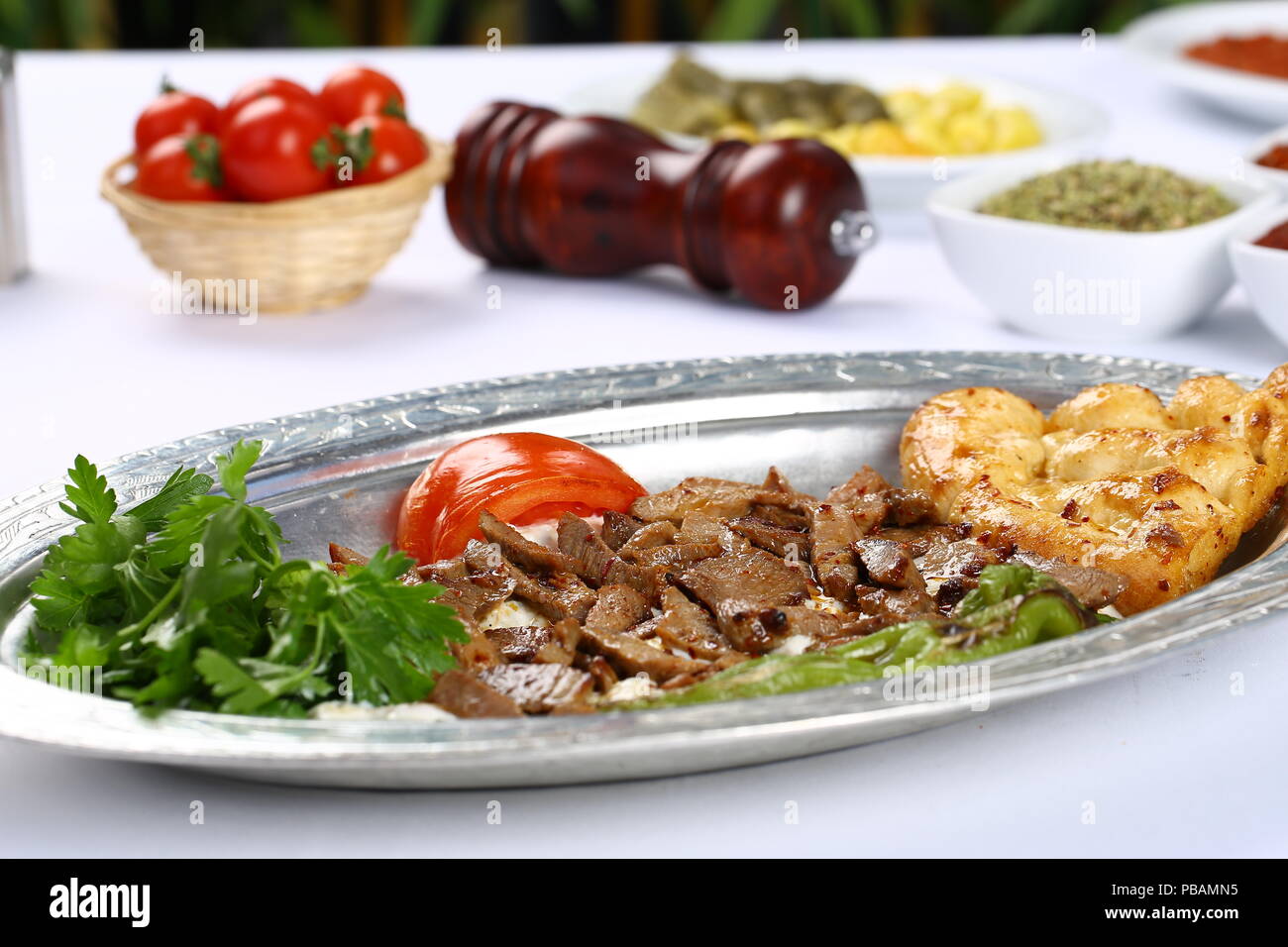 Turkish Meat Kebab served in an anatolian plate Stock Photo - Alamy