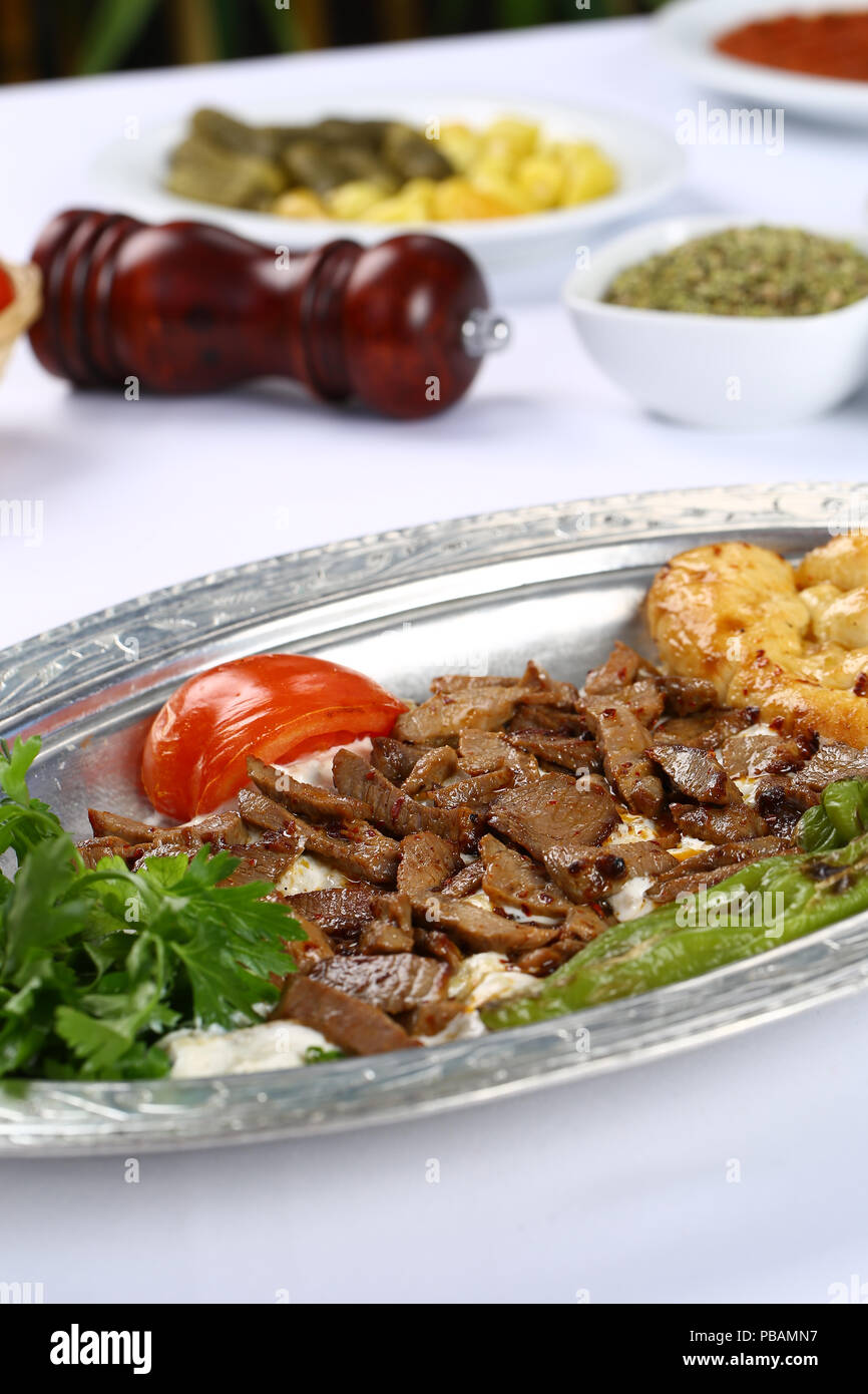 Turkish Meat Kebab served in an anatolian plate Stock Photo - Alamy
