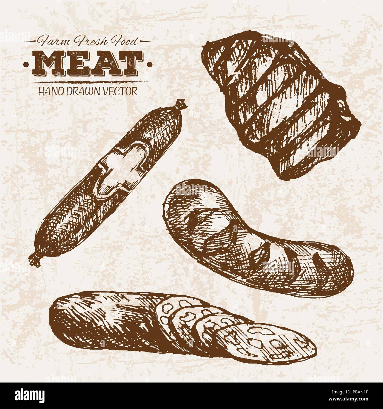 Hand drawn sketch steak meat products set with sausages and salami ...