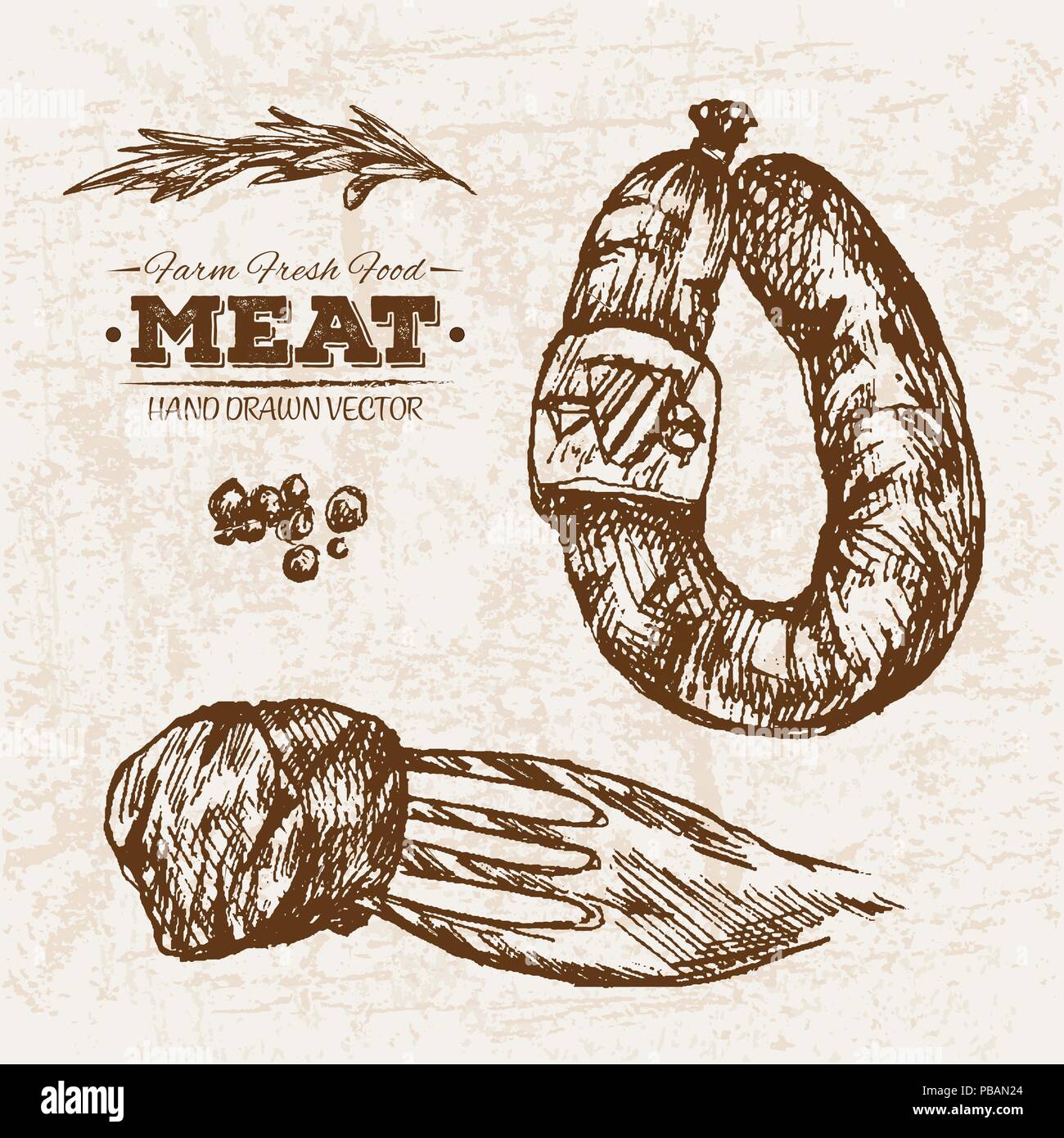 Hand drawn sketch steak meat products set with sausages and salami ...