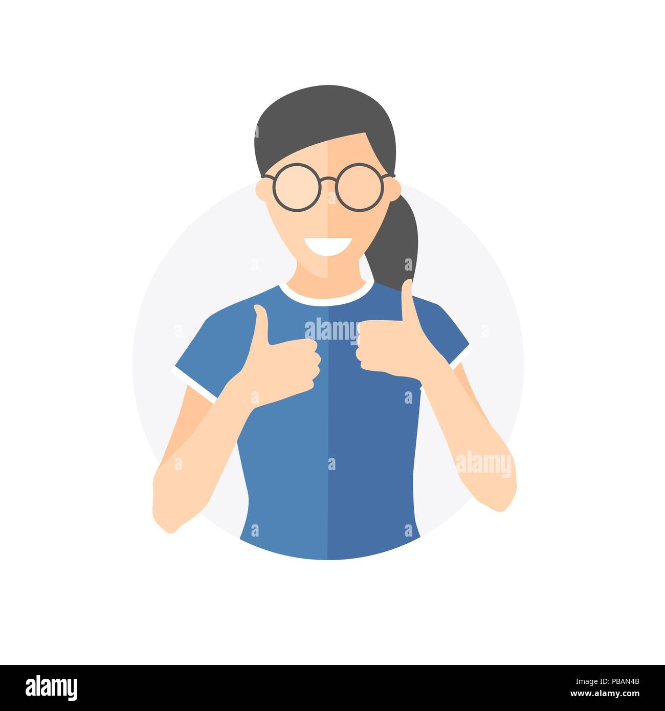 Glad, joyful, cheerful pretty girl in glasses. Flat design icon of ...