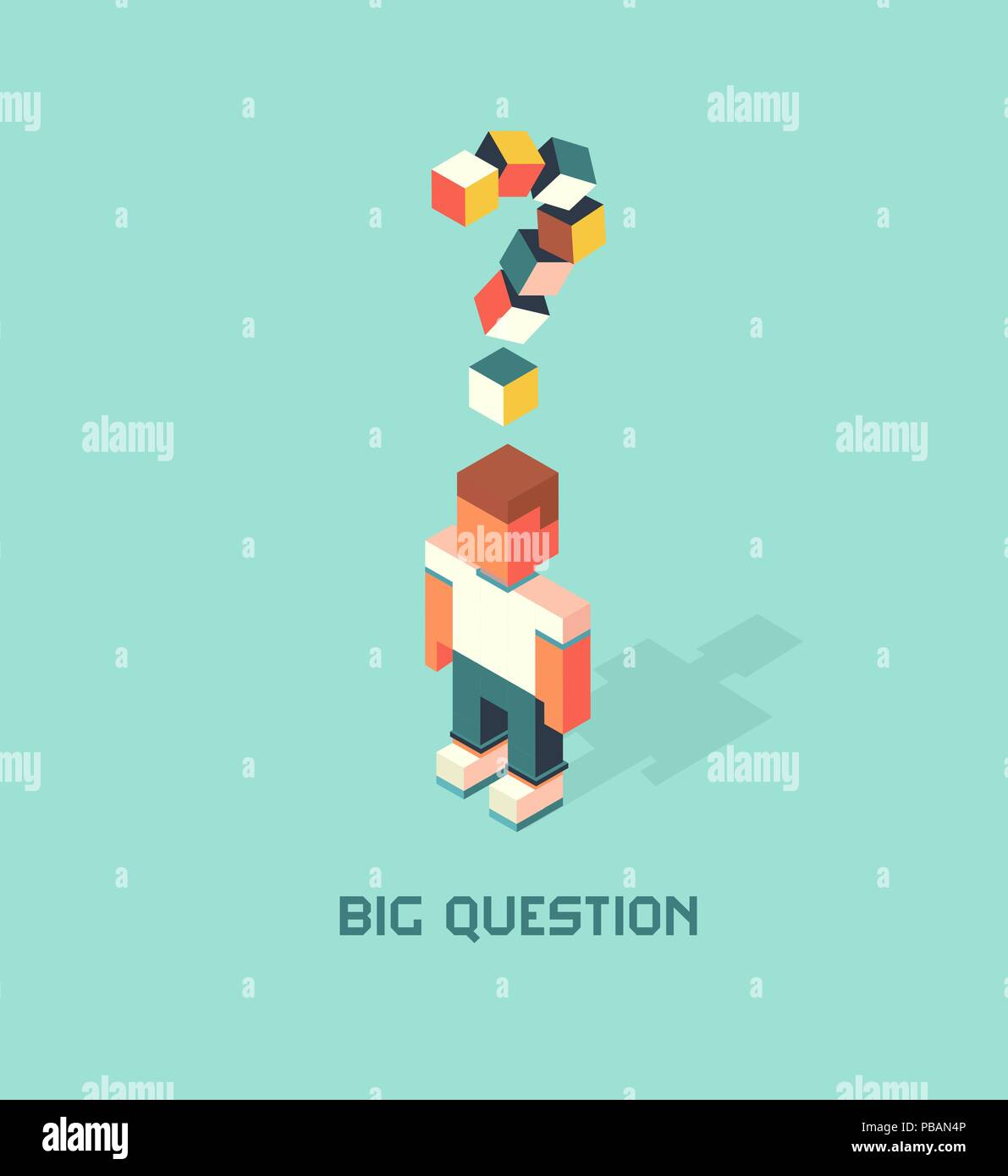 Man with big question doubts, cubes composition isometric vector ...