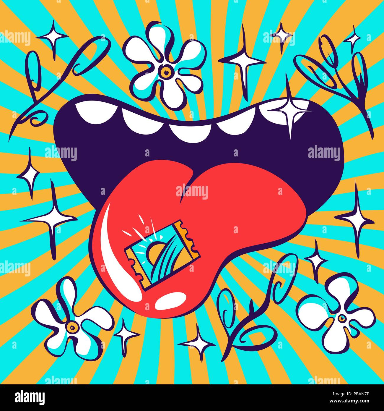 Lsd psychedelic illustration, acid mark on tongue, vivid colours Stock ...