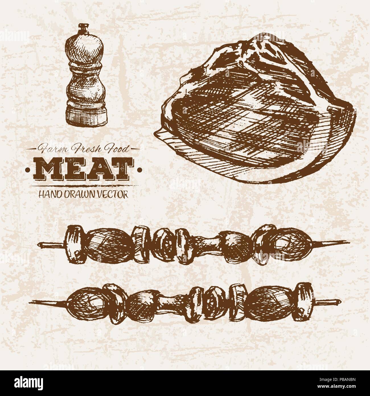 Hand drawn sketch steak meat products set with skewers and ham, farm ...