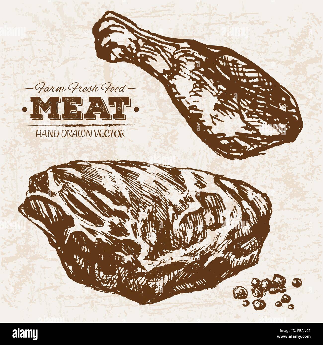 Hand drawn sketch steak meat products set with sausages and salami ...
