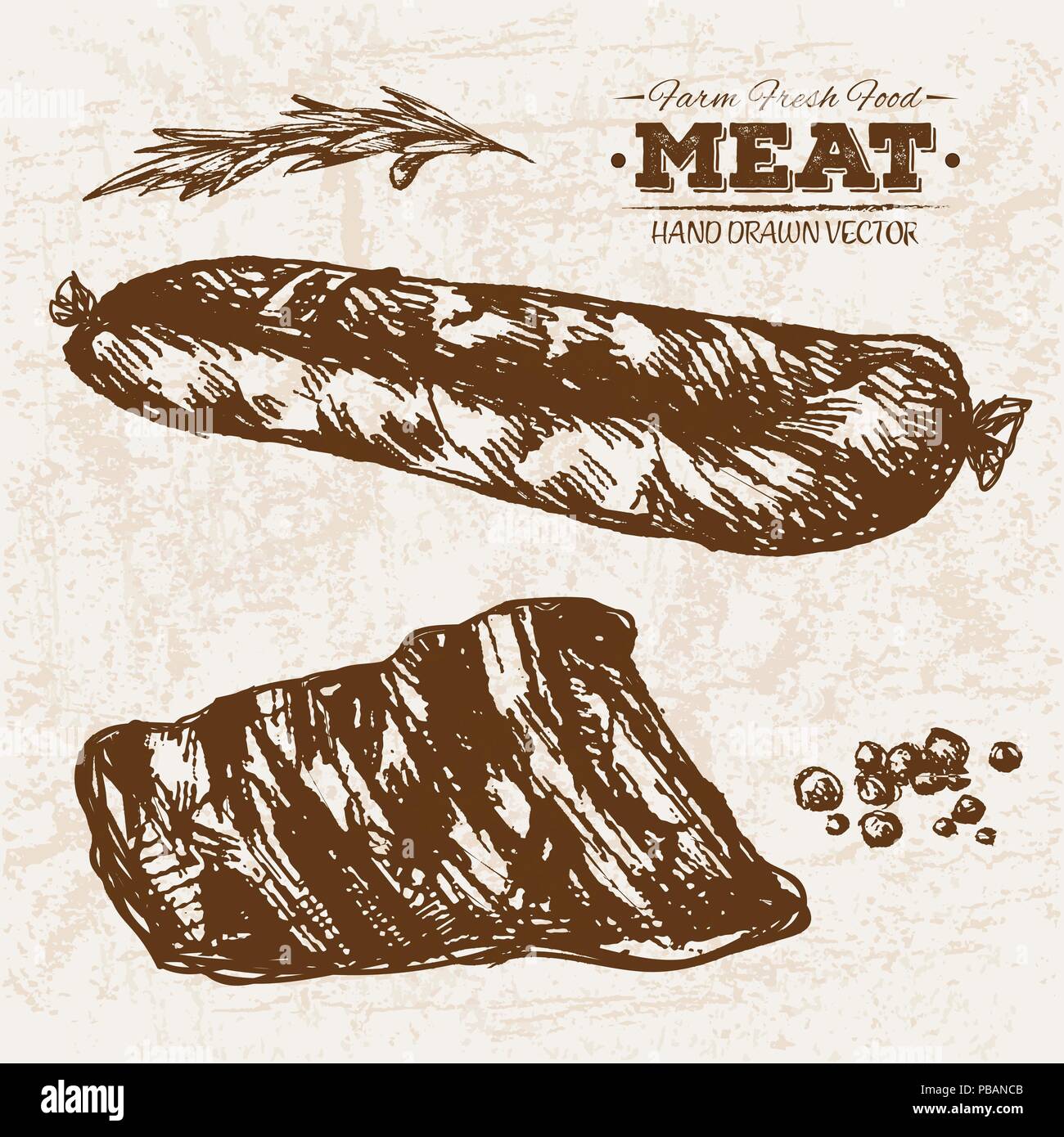 Hand drawn sketch steak meat products set with sausages and salami ...