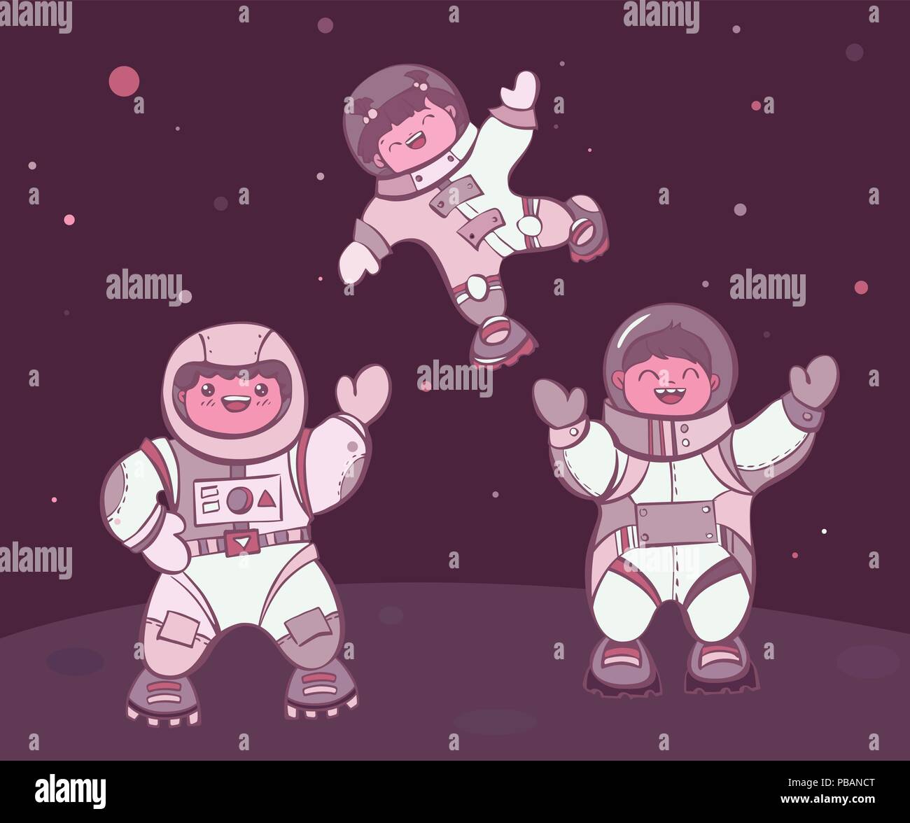 Comic cartoon kids astronauts landed on planet vector illustration ...