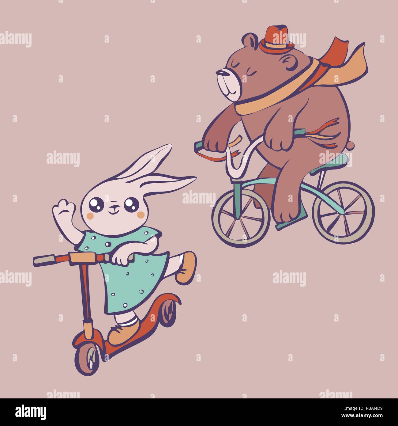 Cute cartoon rabbit in dress on scooter and bear on bike vector ...