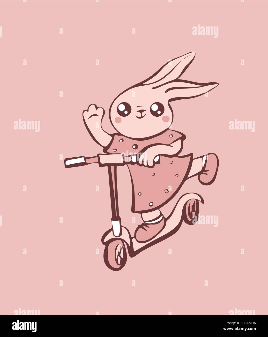 Cute cartoon rabbit in dress on scooter vector illustration Stock ...