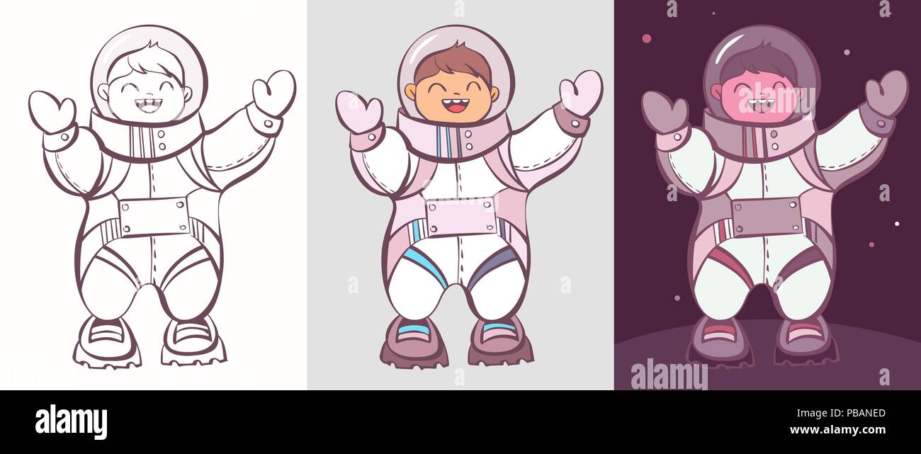 Comic cartoon cosmonaut set, vector illustration colored and for ...
