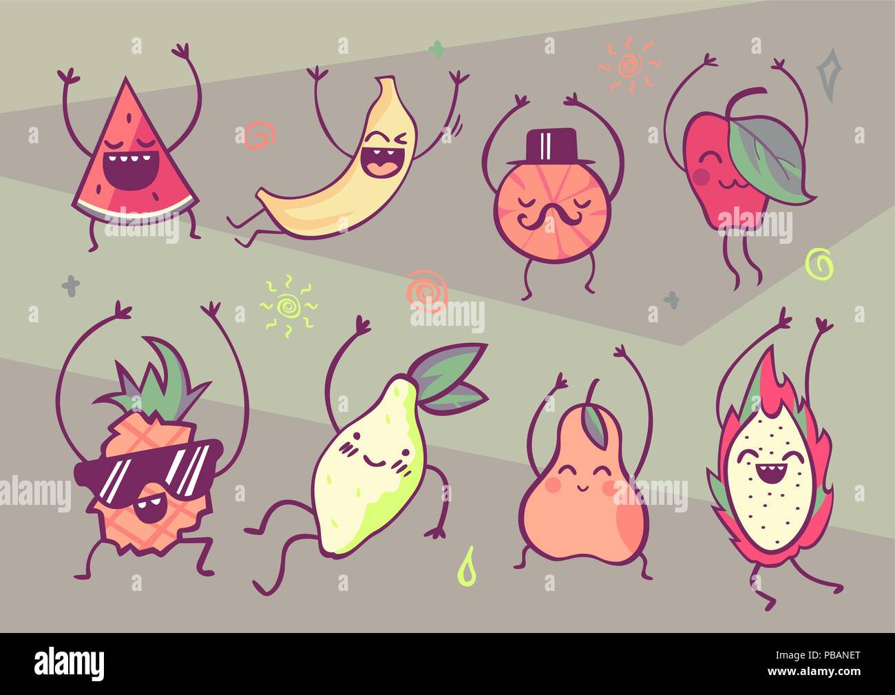 Comic fruits set in cartoon style, vector illustrations in pastel ...