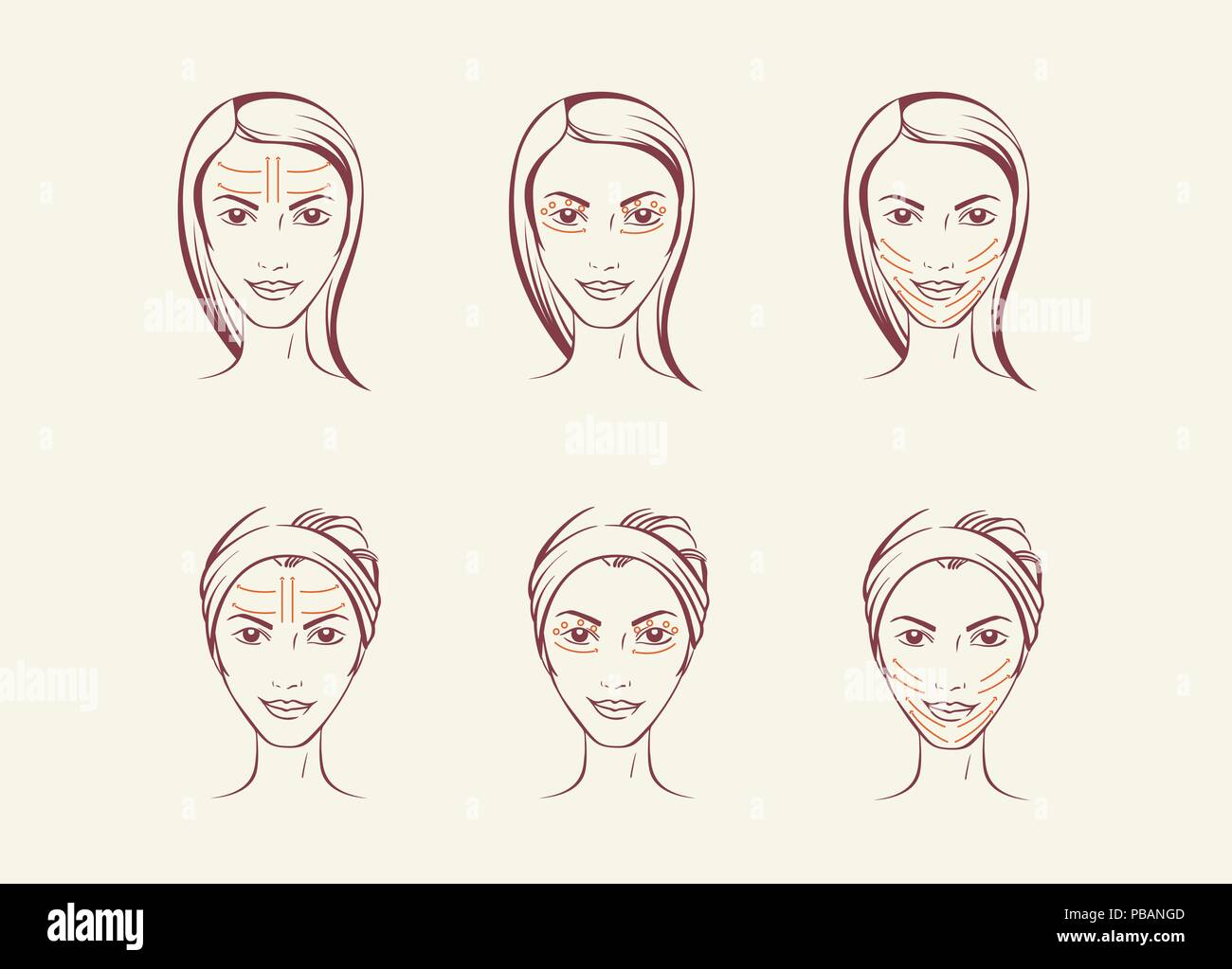Face massage vector layout, portrait of woman with massage or cream ...
