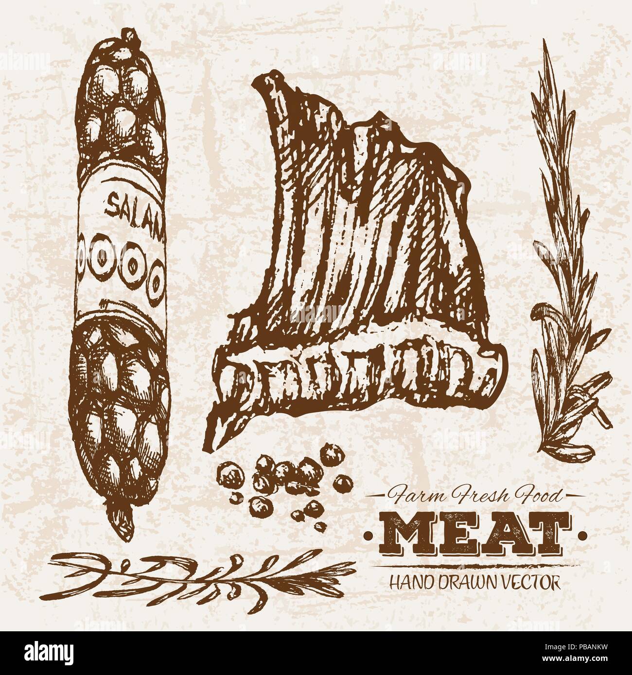 Hand drawn sketch steak meat products set with sausages and salami ...