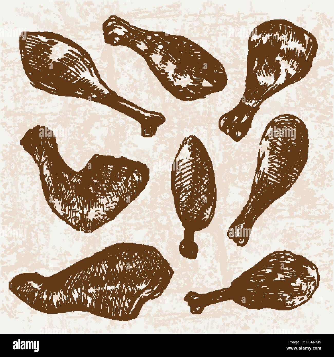 Hand drawn sketch chicken meat products set, farm fresh food, black and ...