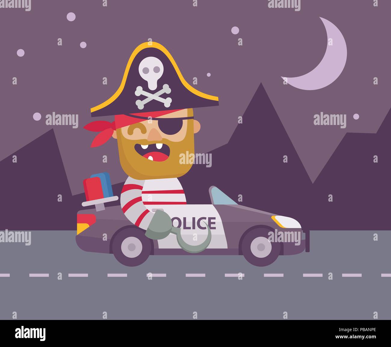 Pirate in a police car at night. Flat design cartoon style. Vector ...