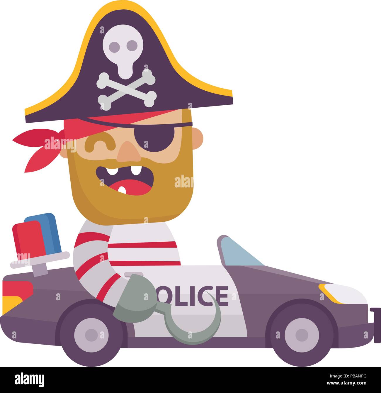 Pirate in a police car. Flat design cartoon style. Vector illustration ...