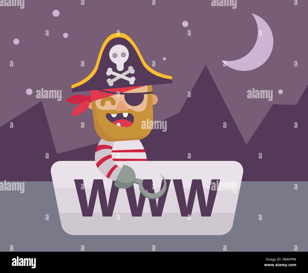 Web pirate in www boat. Copyright infringement concept. Flat design ...