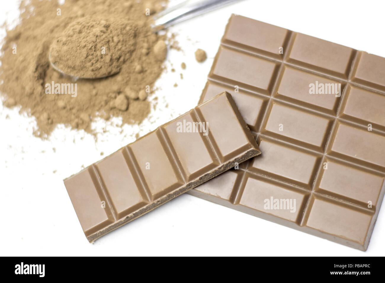 Chocolate bar pieces and cocoa powder on white background. Brown ...