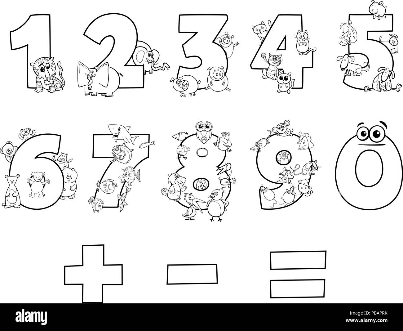 Black and White Cartoon Illustration of Numbers Set from Zero to Nine ...
