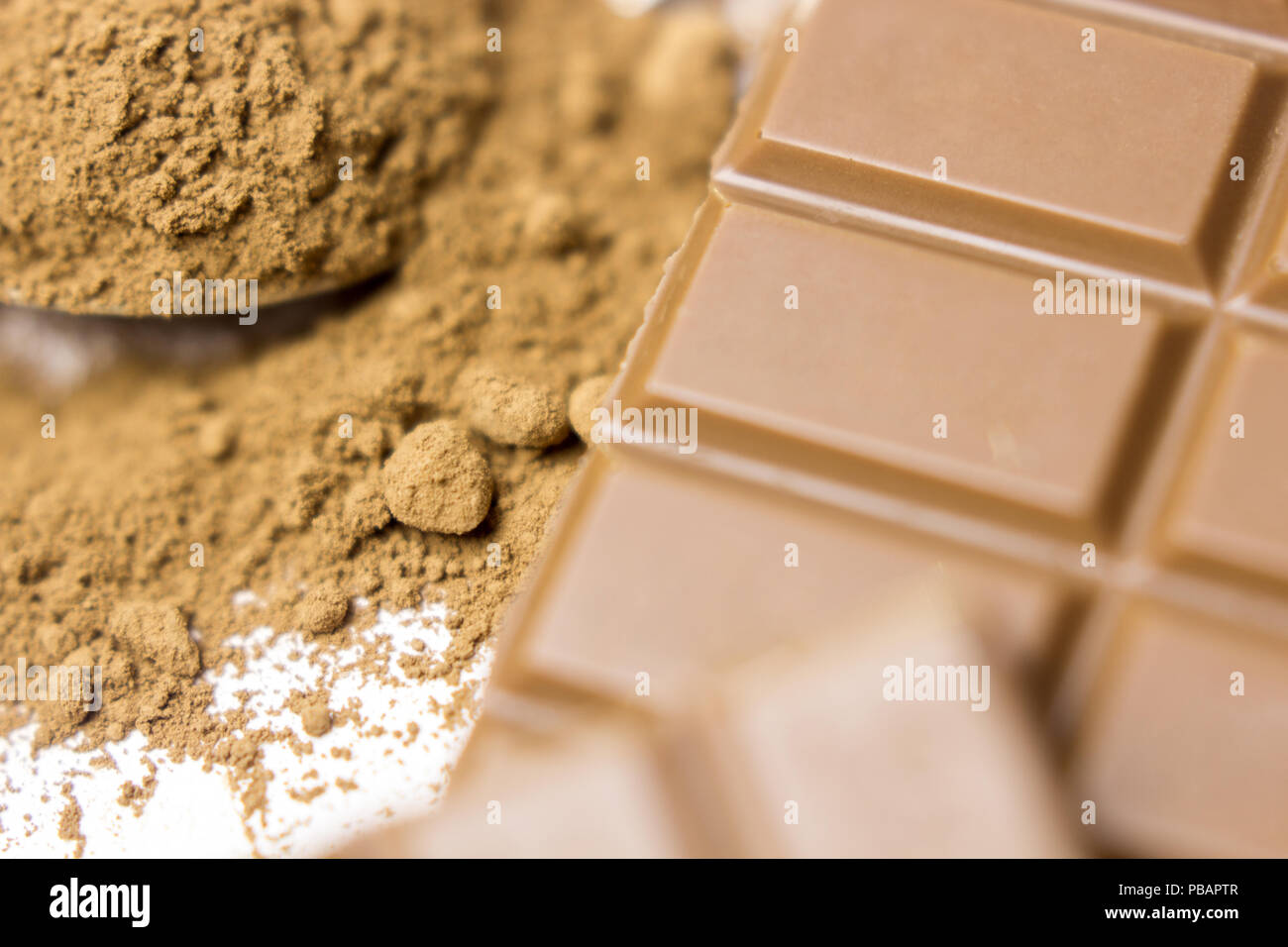 Chocolate bar pieces and cocoa powder on white background. Brown ...