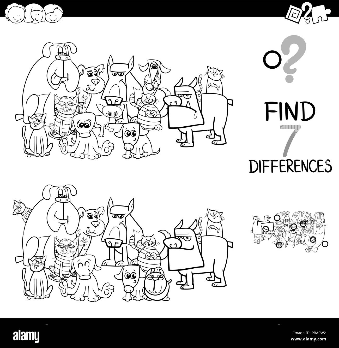 Black and White Cartoon Illustration of Finding Seven Differences ...