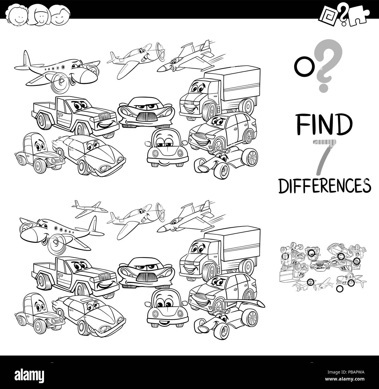 Black and White Cartoon Illustration of Finding Seven Differences ...