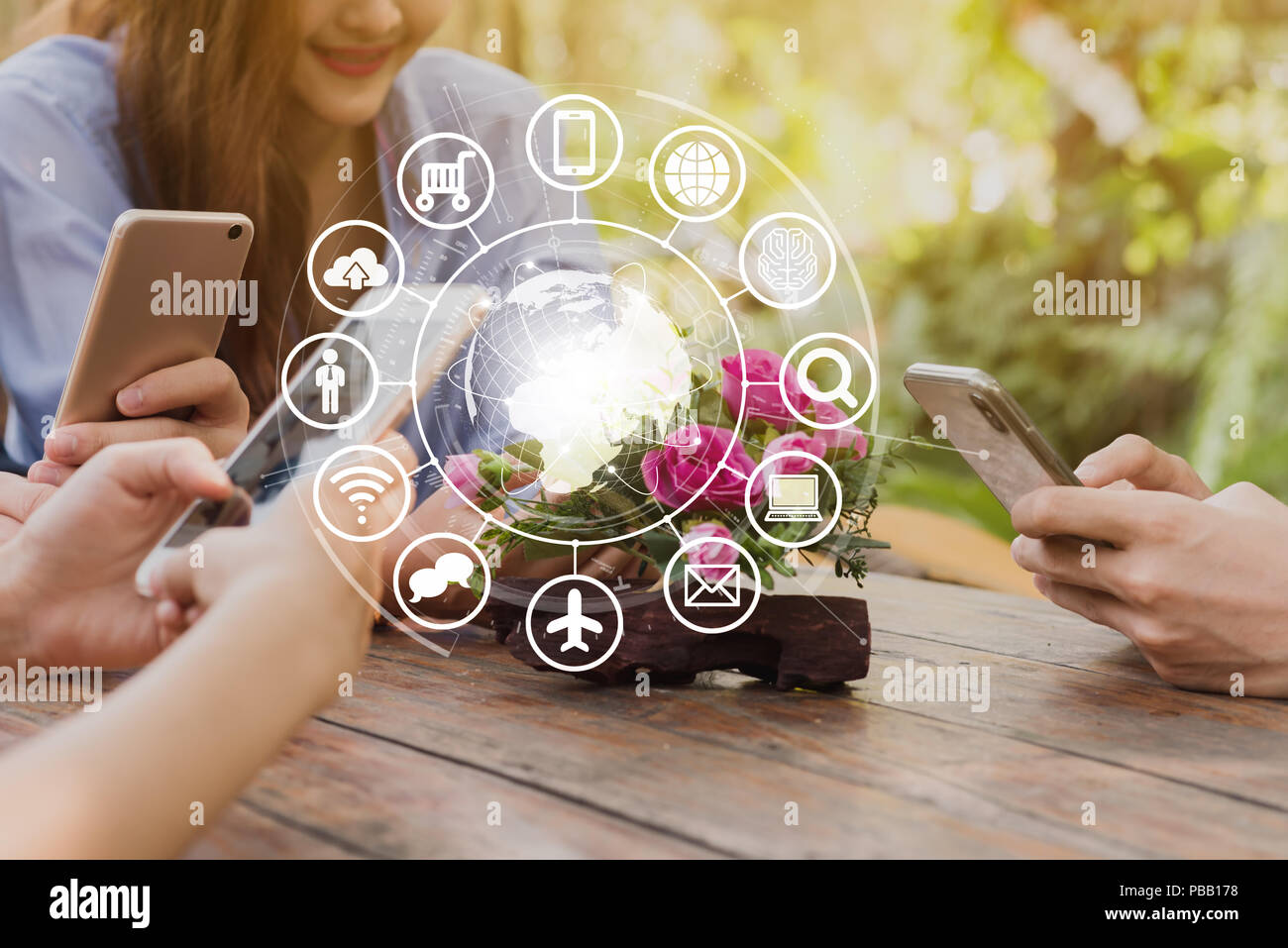 Hands of people use smartphone for connecting to various application ...