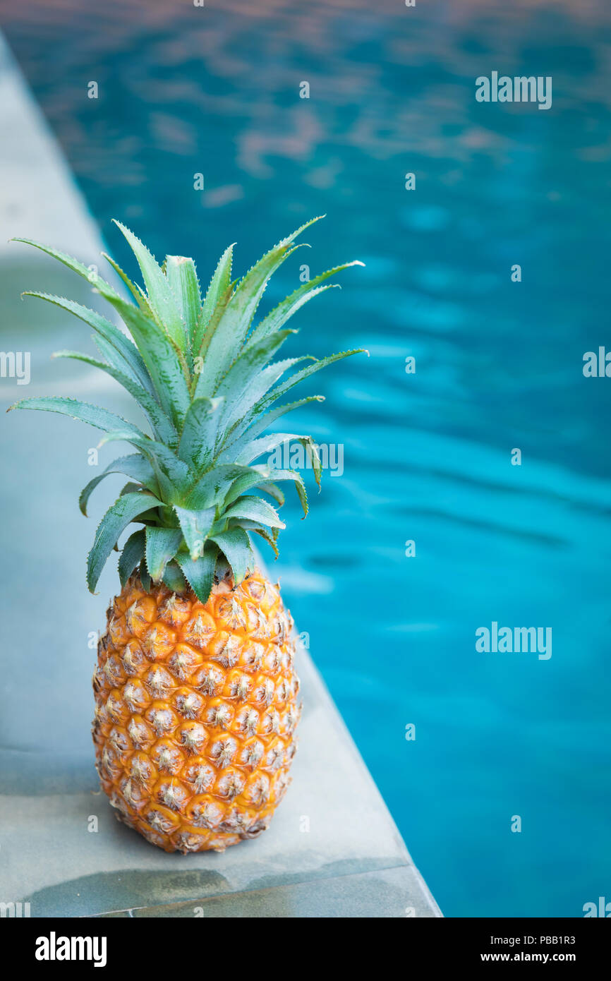 Fresh yellow pineapple tropic fruit summer refreshment near swimming ...