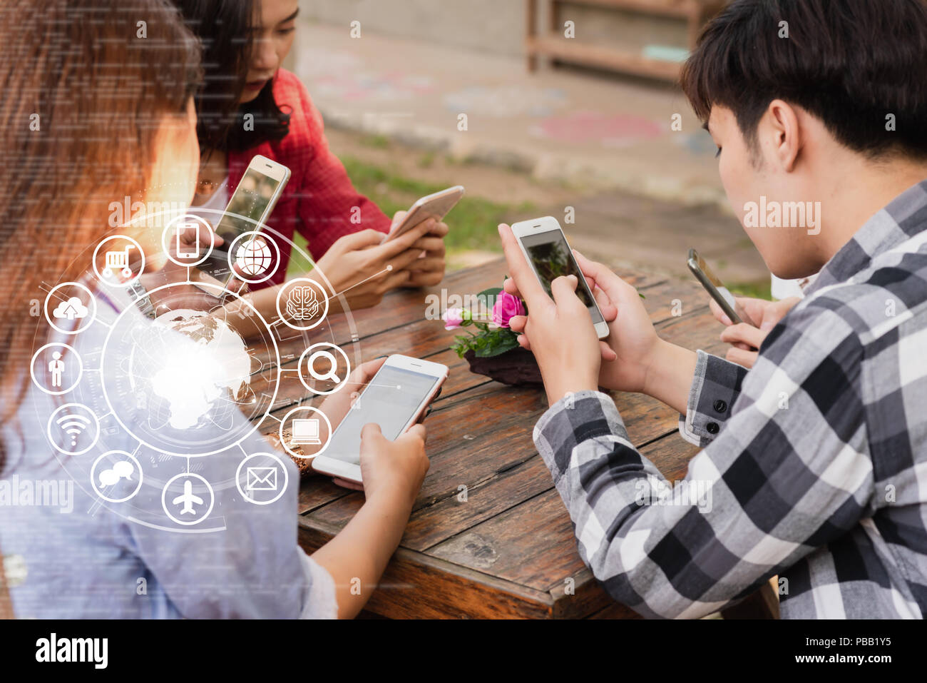 Hands of people use smartphone for connecting to various application ...